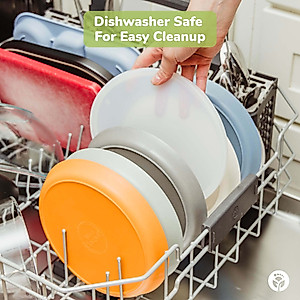 WeeSprout Bamboo, Silicone, Melamine Dishware Plate with Lids, Set of 4, Kid-Sized Design for Leftovers, Dishwasher Safe (Pink, Green, Gray, and Beige)