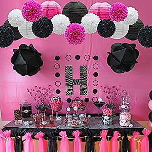 15pcs Hanging Party Decorations Set, Hot Pink White Black Paper Flowers Pom Poms Balls and Paper Lanterns for Minnie Mouse Theme Birthday Baby Shower Bachelorette Party