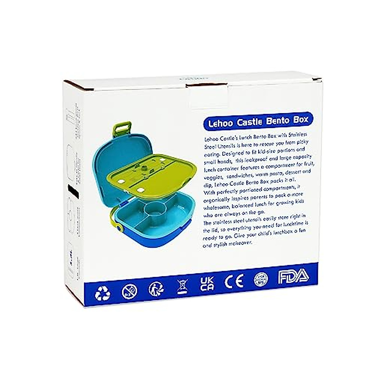 Lehoo Castle Bento Lunch Box for Kids, Large Kids Lunch Box with Cutlery＆4 Compartments＆Silicone Handle, Leak-proof Portable 1.3L Lunchbox Bento for Kids BPA-free Easy Opened (Blue)