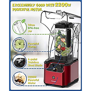 CRANDDI Commercial Quiet Blender, 2200 Watt Professional Countertop Blender with BPA-FREE 80oz Pitcher, Built-in Pulse & 15-speeds Control, Smoothie Blender for Commercial and Home 110V (Red)
