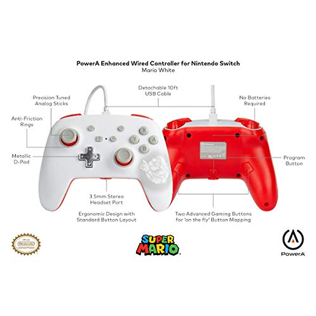 PowerA Enhanced Wired Controller for Nintendo Switch - Mario White