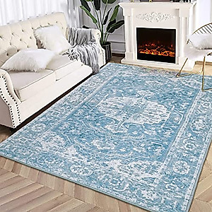 Fashionwu Washable Rug 8x10 Persian Area Rug Medallion Non-Slip Floor Mat Soft and Velvet Large Floor Cover for Bedroom Living Room 8x10 Rug Aesthetic Carpet Non-Shedding Anti-Slip Large Mat, Teal