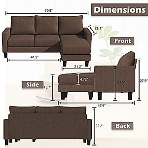 YESHOMY Convertible Sectional 3 L-Shaped Couch Soft Seat with Modern Linen Fabric, Small Space Sofas for Living Room, Apartment and Office, 70'', Brown