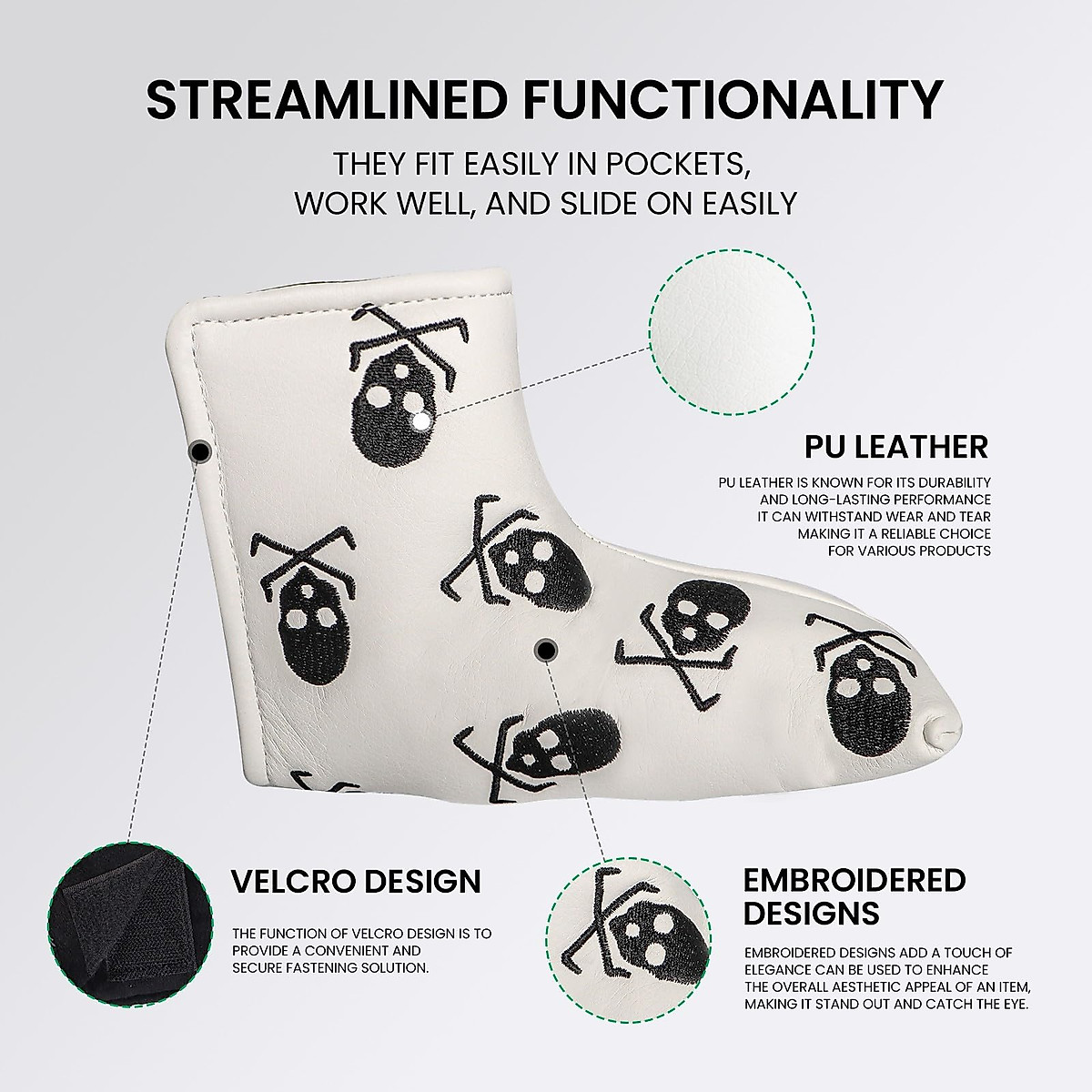 Golf Putter Head Covers Blade Club Headcover PU Leather Protector Cover Black White Fits All Putters for Men Women (White-Bones)