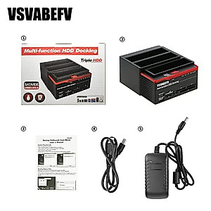 VSVABEFV Hard Drive Docking Station Hard Drive Dock Reader, Hard Drive Enclosure 2.5"/3.5" USB 3.0 to 2 SATA Ports 1 IDE Port External HDD Hard Drive Card Reader USB3.0 Hub with OTB/OTC Offline