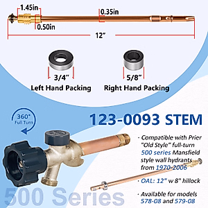123-0093 Stem Assembly Replacement for Prier 500 Series Mansfield Style Wall Hydrants, 12-inch Overall Length | 8-inch Sillcock ASFP