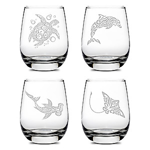 Integrity Bottles Tribal Sea Life Designs, (Set of 4) Turtle, Dolphin, Hammerhead Shark and Stingray, Stemless Wine Glasses, Handmade, Handblown, Hand Etched Gifts, Sand Carved, 16oz