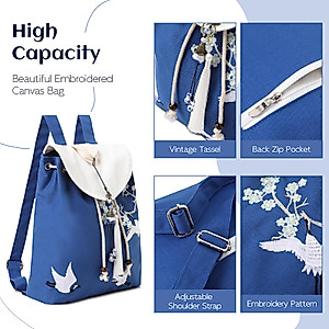 MAZEXY Embroidered Backpack for Travel Shopping Wedding With Pendant and Tassels (Crane)