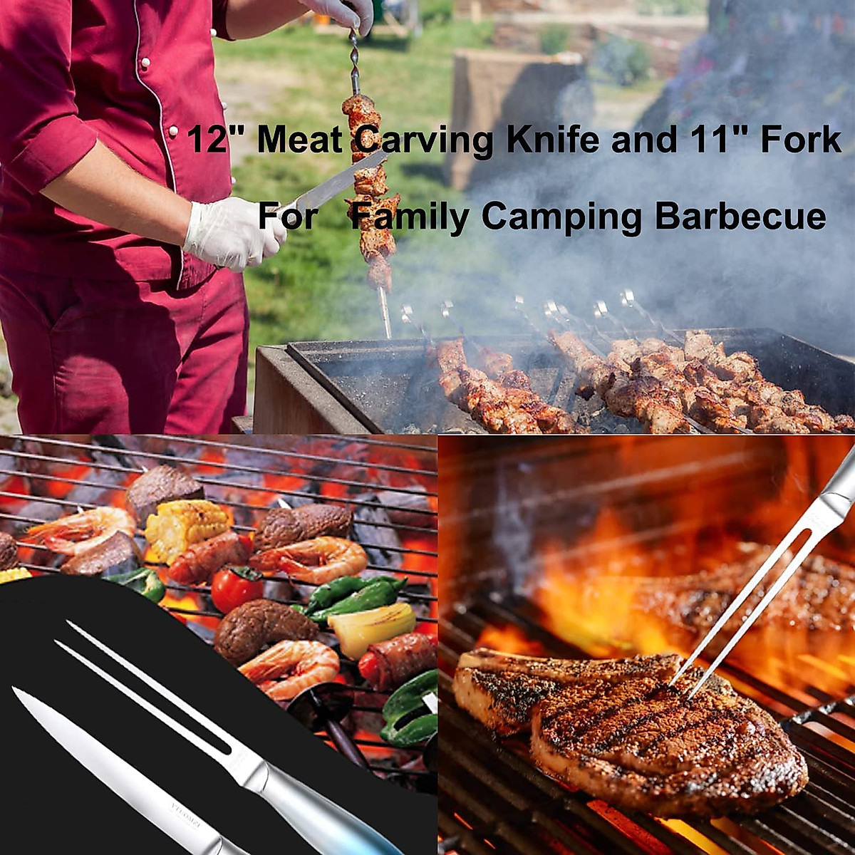 BECOKAY Carving Knife and Fork Set, High Carbon German Steel, 12" Meat Carving Knife and 11" Fork for Outdoor Camping Family Barbecue BBQ Turkey Gift, with Elegant Full Tang Handle (Blue)