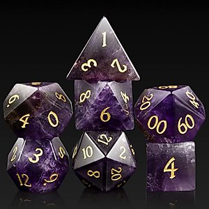 DNDND Amethyst Crystal DND Dice Set 7 PCS Gemstone D&D Dice with Grogeous Gift Case for Dungeons and Dragon Tabletop Game (Amethyst)