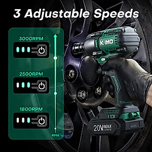 KIMO Cordless Impact Wrench 1/2", Brushless Impact Driver with 400 ft-lb Max Torque, 3000 RPM, 20V Electric Impact Wrench with 1 Hour Fast Charger & Variable Speeds, 1/2 Impact Gun for Car Home