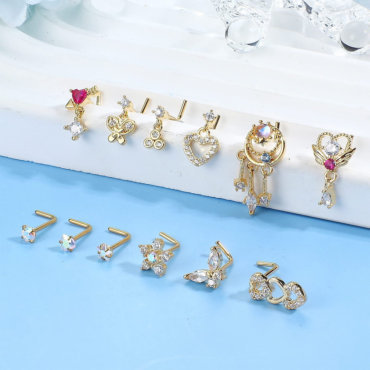 Sanfenly Nose Rings Studs Nose Piercing Jewelry for Women Men 20G Rose Gold Silver Black Cute CZ Heart Moon Butterfly Flower Dangly Dangle Dangling Nose Rings L Shaped Nose Stud Set