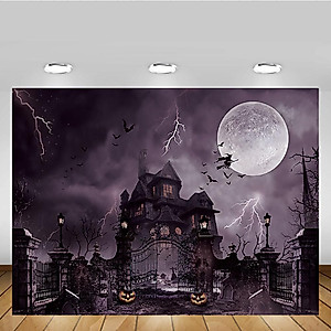 MEHOFOND 8x6ft Halloween Photography Backdrop Haunted House Moon Night Gates Purple Scary Cemetery Pumpkin Background Horrible Scary Cemetery Vampire Party Decorations Banner Photo Studio Props