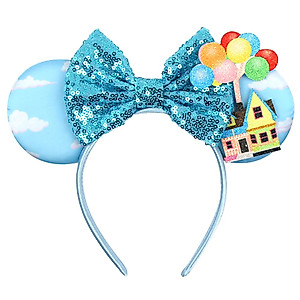 WW-WONDERFULWORLD Mouse Ears Headbands With Shiny Blue Bows, for Girls Costume Cosplay Glitter Party, for Kids & Adult, Sky + Balloon + House; 2QQ