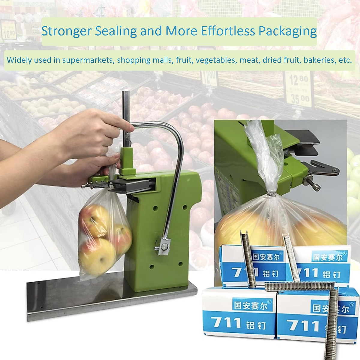 Plastic Bag Neck Sealing Machine Fruit and Vegetable Roll Bag Packaging Machine Aluminium Nail Tying Machine With 40000pcs U Shaped Sealing Nails Suit for Supermarket, Fruit Shop, Retail Stores