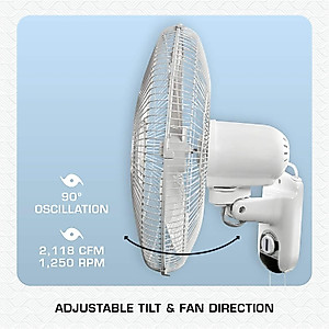 Hurricane Wall-Mount Fan, Quiet 90-Degree Oscillating Fan with 3 Speeds, 16" Classic