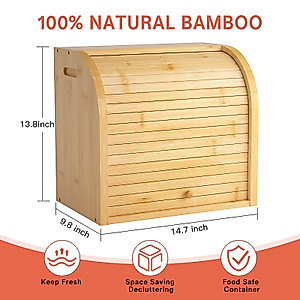 Bamboo Bread Box with Clear Front Window - Large Capacity Wooden Bread Storage Holder for Kitchen Counter - Double Layer Bread Storage Bin Holds 2 Loaves