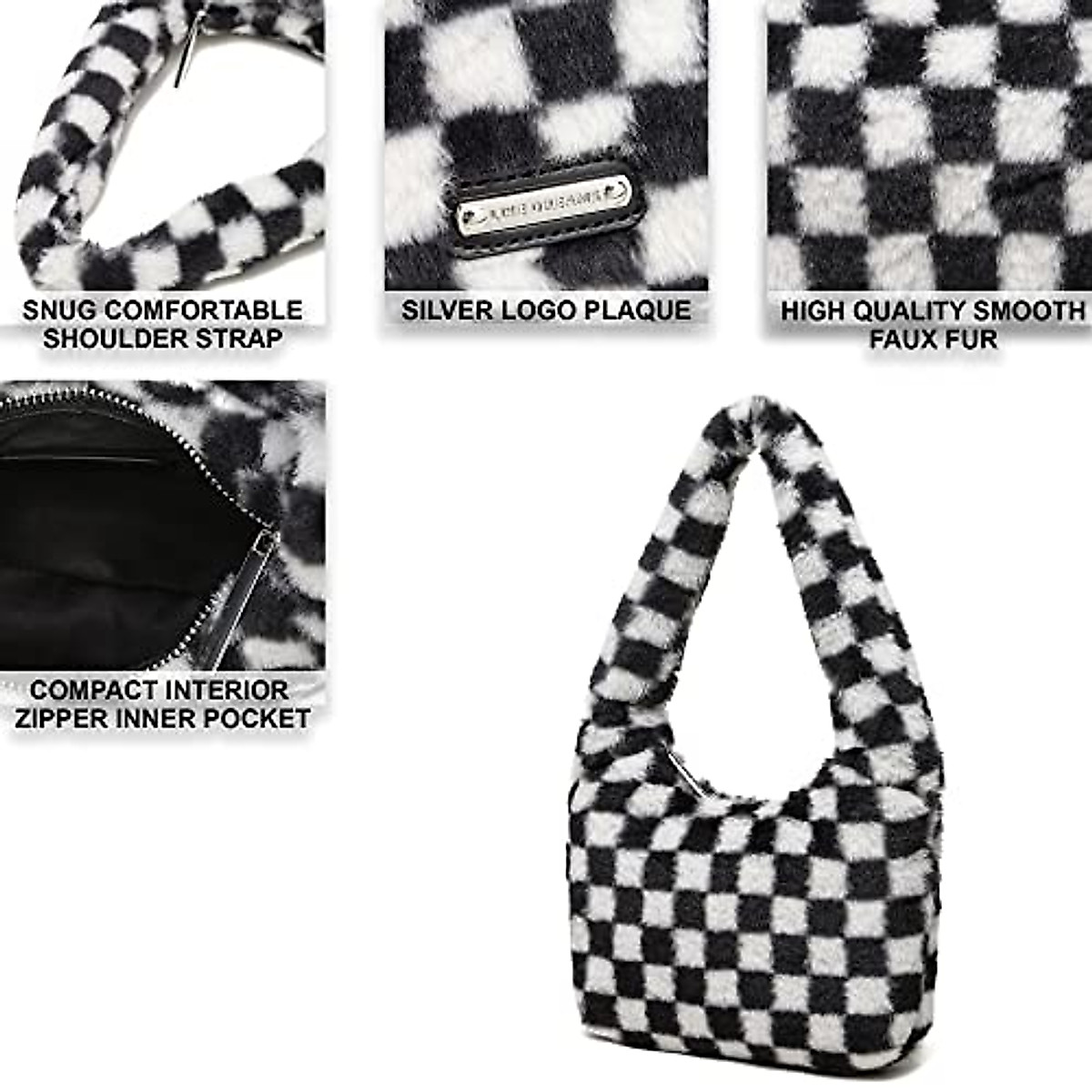 Fashion Soft Faux Fur Shoulder Bag Purse for Women Retro Checkered Fluffy Hobo Handbag Zipper Closure (White Black)