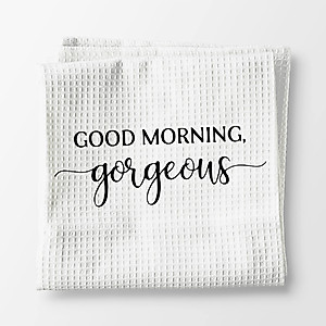 Voatok Good Morning Gorgeous Hello There Handsome Bath Towel, Couples Gifts Set of 2 Decorative Towels,Gifts for Husband Wife Newlyweds