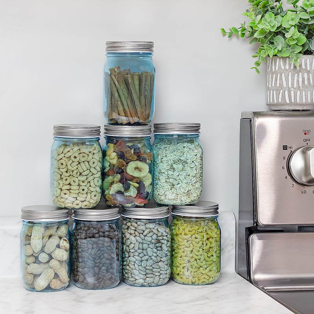 Cornucopia Brands 16oz PLASTIC Mason Jars (8-Pack, Blue w/Silver Metal Lids); PET BPA-Free Mason Jars w/One Piece Lids, 2-Cup/Pint Capacity