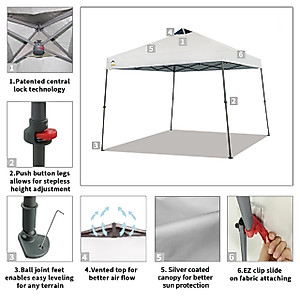 CROWN SHADES 9x9 Pop Up Canopy Tent, Outdoor Canopy with Wheeled Bag, Slant Leg One Push Pop up Tent, Wheeled Bag, 8 Stakes, 4 Ropes(White)