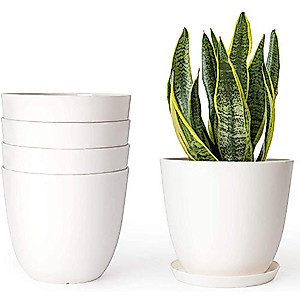 Mkono 6.5" Plastic Planters with Saucers, Indoor Set of 5 Flower Plant Pots Modern Decorative Gardening Pot with Drainage for All House Plants, Herbs, Foliage Plant, and Seeding Nursery, Cream White