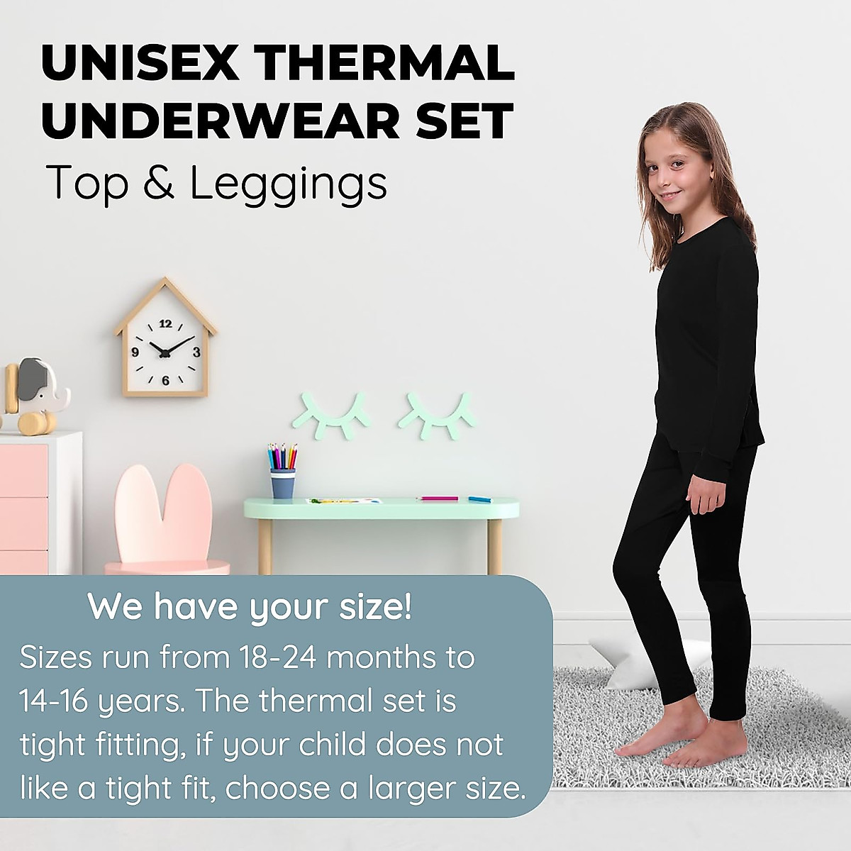 Outland Children's Thermal Set Lightweight Ultra Soft Fleece Interior Very Warm, Black 2-4