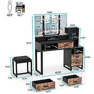 PAKASEPT Makeup Vanity with Tri-fold Makeup Mirror, Vanity Desk with 3-Color Adjustable Touch Light, Charging Station, Vanity Table with Nightstand,5 Drawers, Storage Shelves&Cushioned Stool, Black