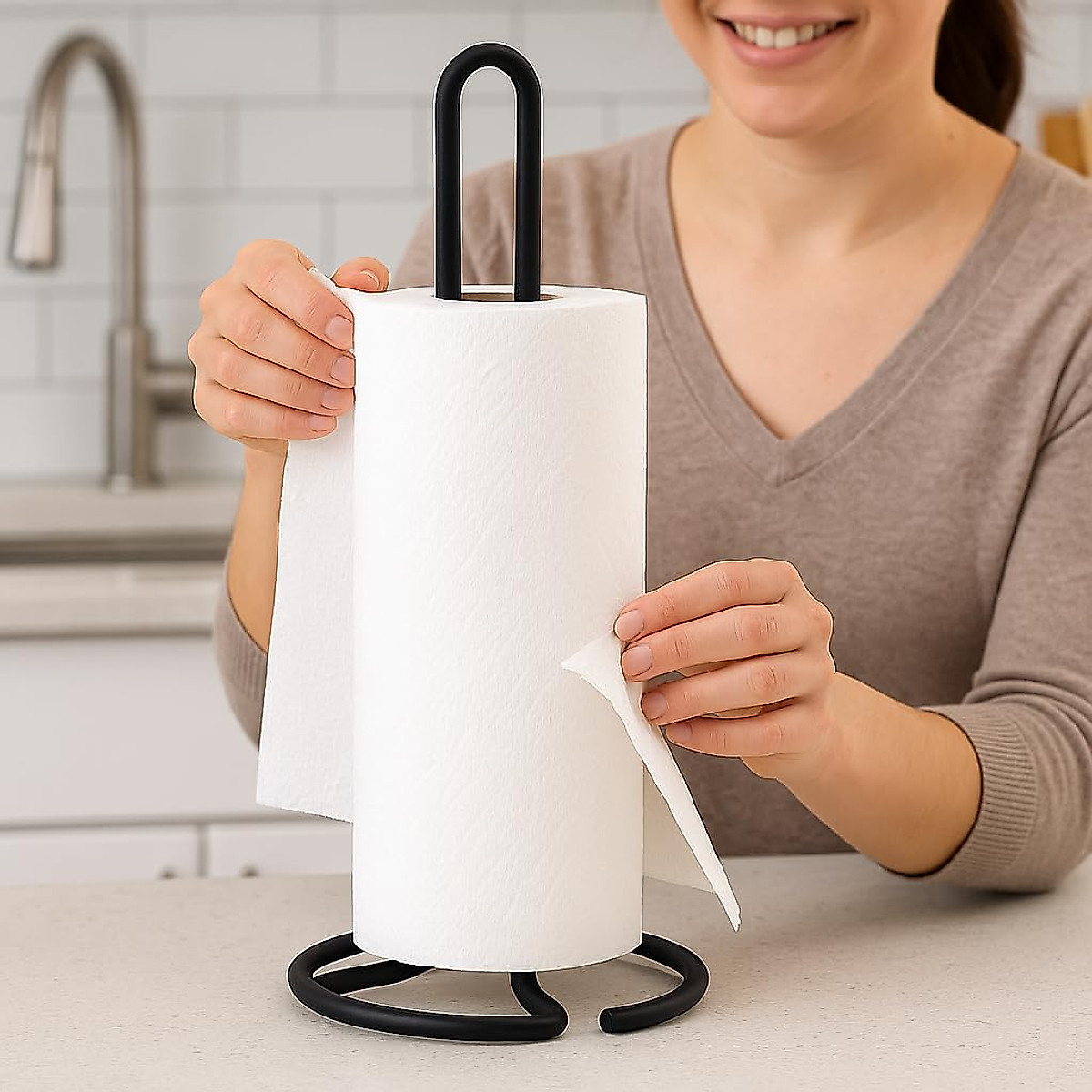 Creative Home Heavy Duty Metal Paper Towel Holder Kitchen Towel Stand for Kitchen Countertop Dining Table, 4.8" Diam. x 11.8" H, Black Powder Coating