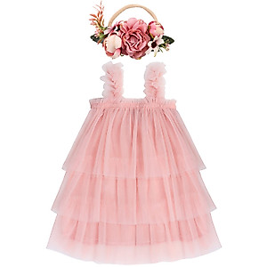 AGQT Baby Girls Tulle Tutu Dress Toddlers Tulle Layered Lace Dresses Sleeveless Princess Party Dress Summer Ruffles Sundress with Flower Headband Pink Size 12-18 Months