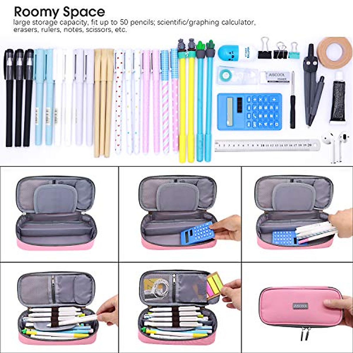 Aiscool Big Capacity Pencil Case Holder Canvas Bag Pen Organizer Pouch Stationery Box for School Supplies Office Stuff (Pink)