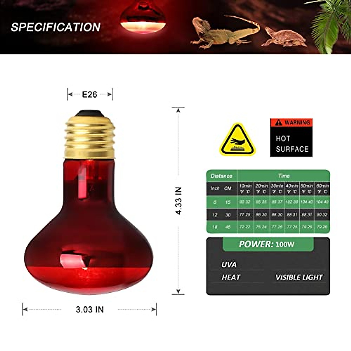 FIVEAGE Reptile Red Heat Lamp 100 Watt, Infrared Basking Spot Lamp, Lizard Heating Lamp for Bearded Dragon Tortoise Snake Chameleon Reptiles and Amphibian Use, 4 Packs