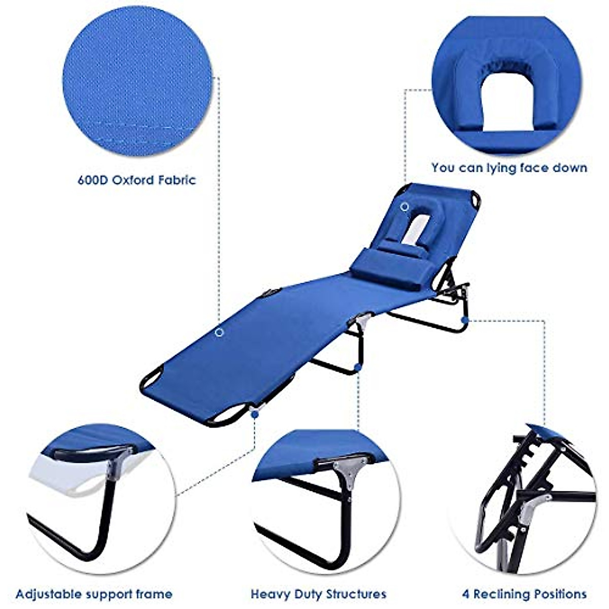 ReunionG Folding Bench Chair with A Hole for Face Down, Adjustable Chaise Lounge Chair with 4-Level Reclining Positions and Removable Pillows, Outdoor Recliner Chair for Beach, Pool, Lawn and Patio