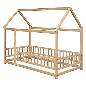 Bellemave Twin Size House Floor Bed Frame,Wooden Montessori Floor Bed with Fence for Kids,Twin Size Kids Bed,Natural