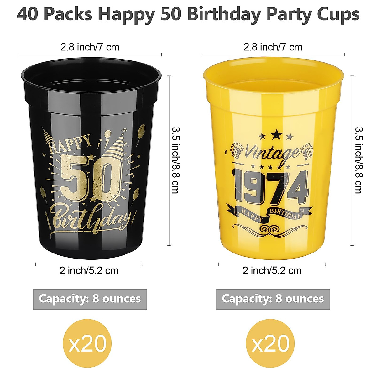 Shojoy 40 Pack Happy 50 Birthday Party Cups Black and Gold Birthday Stadium Cups 8 Ounces Reusable Plastic Tumblers for Birthday Anniversary Party Supplies Decors