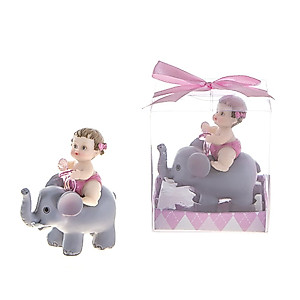 Lunaura Baby Keepsake - Set of 12 "Girl" Baby Holding Pacifier Sitting on Elephant Favors - Pink