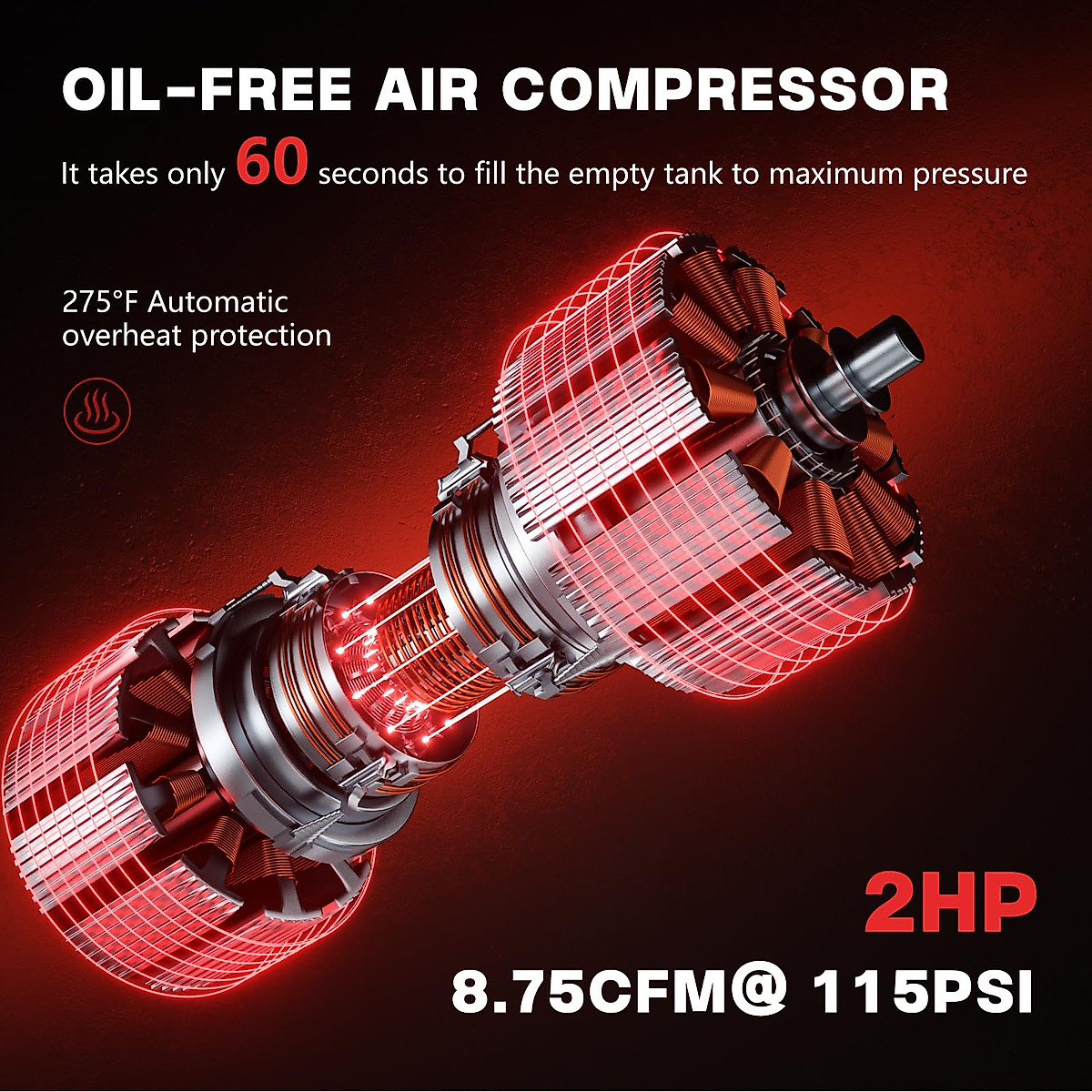 10 Gallon Ultra Quiet Air Compressor, 2HP 3.45 CFM@ 115PSI Oil-Free Air Compressor Tank, 110V/60hz, 70dB Air Compressor for Car Repair, Spray Painting, Woodwork Nailing