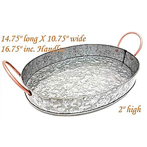 Galrose Rustic Galvanized Metal Serving Tray – Rose Gold Handles for Drinks Bar Table Centerpiece Sturdy Oval Decorative Serving Tray Platter. 6th Iron Anniversary Housewarming or Retirement Gift