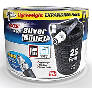 Pocket Hose Silver Bullet 25 ft Turbo Shot Nozzle Multiple Spray Patterns Expandable Garden Hose 3/4 in Solid Aluminum Fittings Lead-Free Lightweight and No-Kink