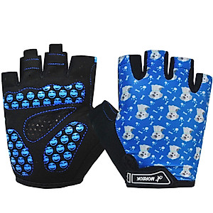 MOREOK Kids Cycling Gloves,Gel Padding Bicycle Half Finger Pair Dog Bars, Fit Boy Girl Youth Age 2-11, Outdoor Sport Road Mountain Bike Gloves Blue-S