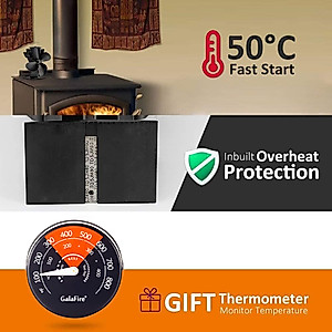 GALAFIRE 4-Blades Heat Powered Wood Stove Fan + Magnetic Thermometer, 122°F Start Non-Electric Eco Fireplace Fan for Gas/Pellet/Log/Wood Burning Stoves, Silent Operation, 2-Years, V466, Black