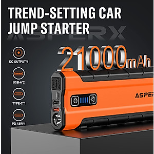 ASPERX AX2500 Jump Starter, 21000mAh 2500A Peak Battery Starter for 10L Gas or 7.3L Diesel Engines, 12V Auto Battery Booster, Lithium Jump Box with USB QC3.0, Jump Pack with Built-in LED Light