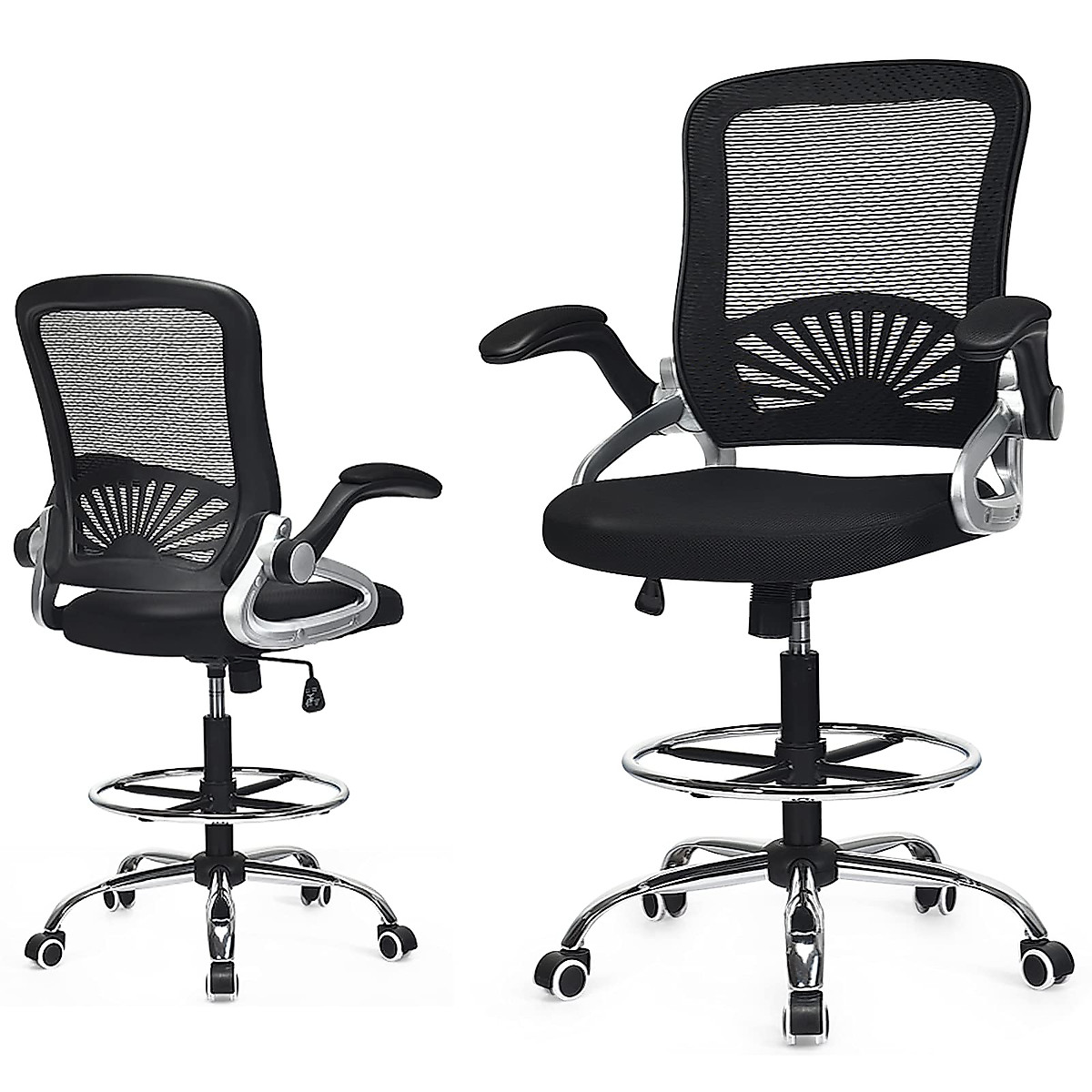 POWERSTONE Drafting Chair, Tall Office Chair for Standing Desk with Footrest and Flip-Up Armrests Ergonomic Adjustable Height Stool Computer Chair