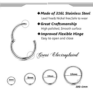 MILACOLATO Hypoallergenic Nose Rings Hoops 8Pcs 18G 316L Stainless Steel Hinged Segment Clicker Rings for Septum Cartilage Daith Conch Helix Rook Tragus Ear Lobe Sleeper Earrings Nose Piercing Jewerly for Men Women, 6/8/10/12mm