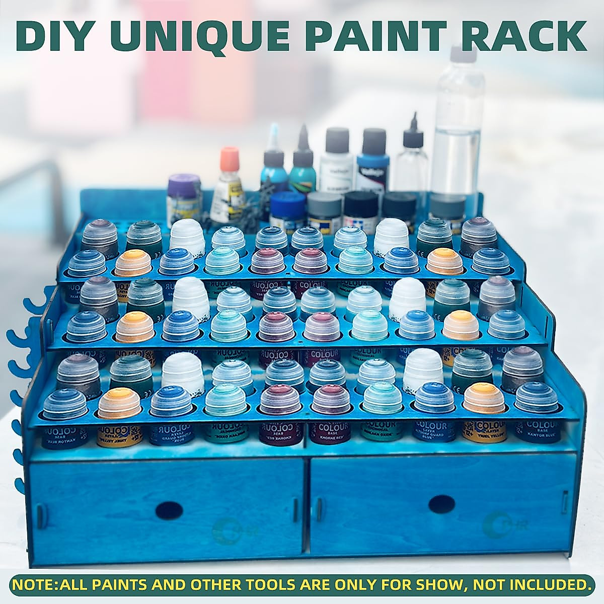 OPHIR Wooden Paint Organizer, Miniature Paint Holder Storage Rack for 60 Acrylic Model Paint Bottles with 2 Drawers, 2 Painting Handle, 25 Paint Brush Holes and 1 Brush Holder for Miniature Paint Set