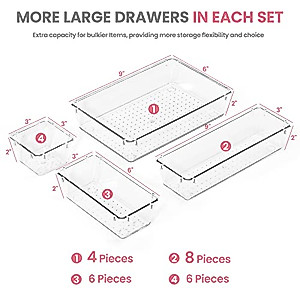 HOUSE DAY Makeup Drawer Organizer Trays 24 PCS, 4-Size Clear Drawer Organizers with Silicone Pads, Vanity Organizers and Storage, Non Slip Plastic Drawer Organizer for Desk, Bathroom, Kitchen, Office