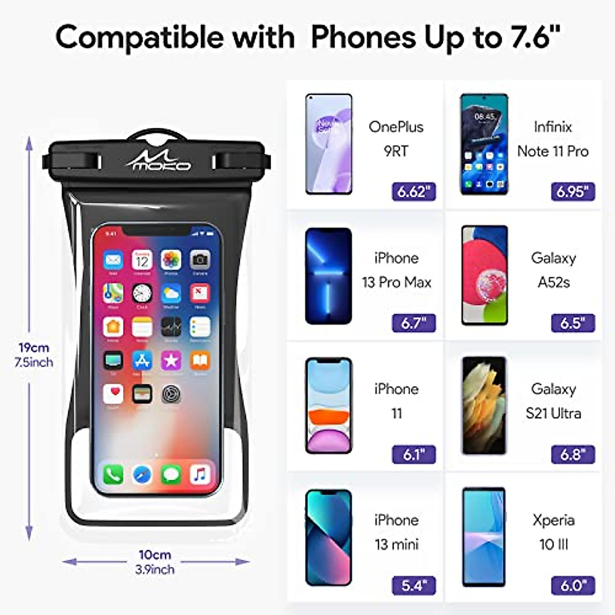 MoKo Waterproof Phone Pouch Holder 2Pack, Floating Case Dry Bag with Lanyard Compatible with iPhone 14 13 12 11 Pro Max X/Xr/Xs/SE3, Galaxy S21 Ultra/S9/Note 10+/20 Ultra, Black + Glitter Purple
