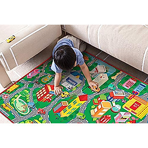 beetoy Car Rug Play Mat, Car Mat for Kids Toy Cars, Car Play Rug Toy Car Mat Large Car Play Mats for Kids City Life Race Car Track Rug Portable Anti-Slip Educational Rug with Roads for 6 Toy Cars