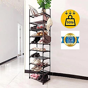 ANJETKON 10 Tier Durable Black Metal with Hooks Skinny Narrow Corner Standing Vertical Shoe Rack Tall Tower for Small Spaces Entryway Closet 20-24 Pairs Shoe and Boots Organizer Storage Shelf