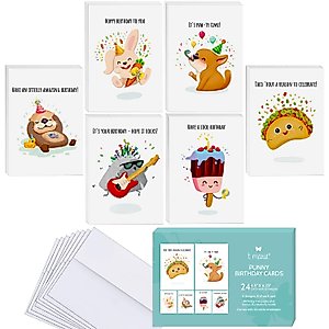 T MARIE 24 Funny Birthday Cards Bulk - Birthday Cards for Kids, Students, Friends and More - Assortment of Punny Pun Greeting Cards with Envelopes and Birthday Message Inside